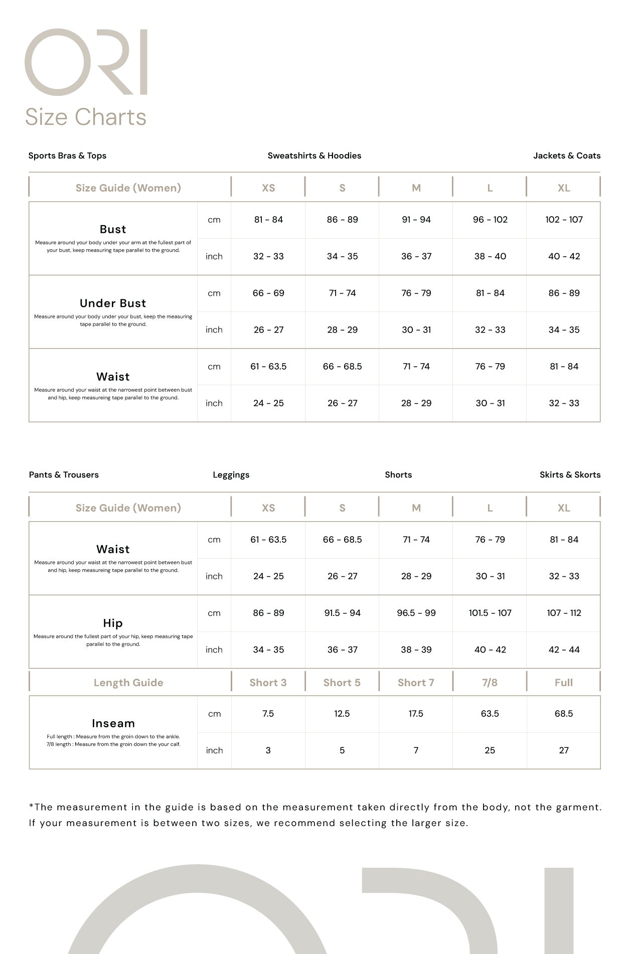 Size Chart – ORI Stay True Official Store